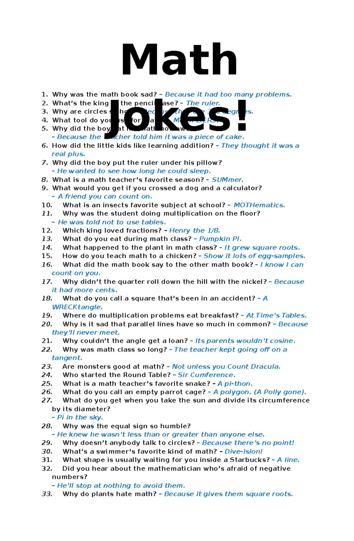 Math Jokes: A Collection of Puns and Humor for Students - Studocu