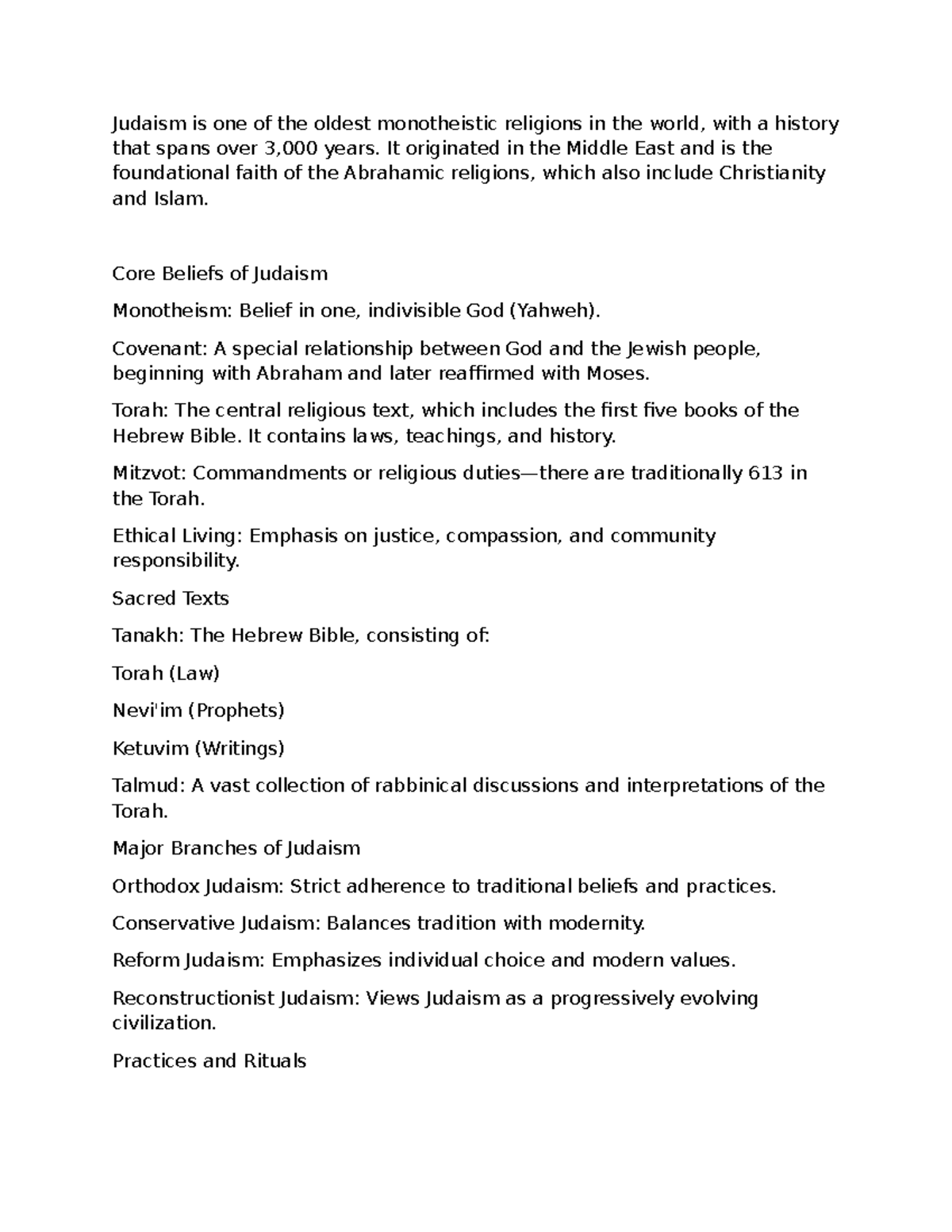 Judaism: Core Beliefs, Sacred Texts, and Major Branches Overview - Studocu