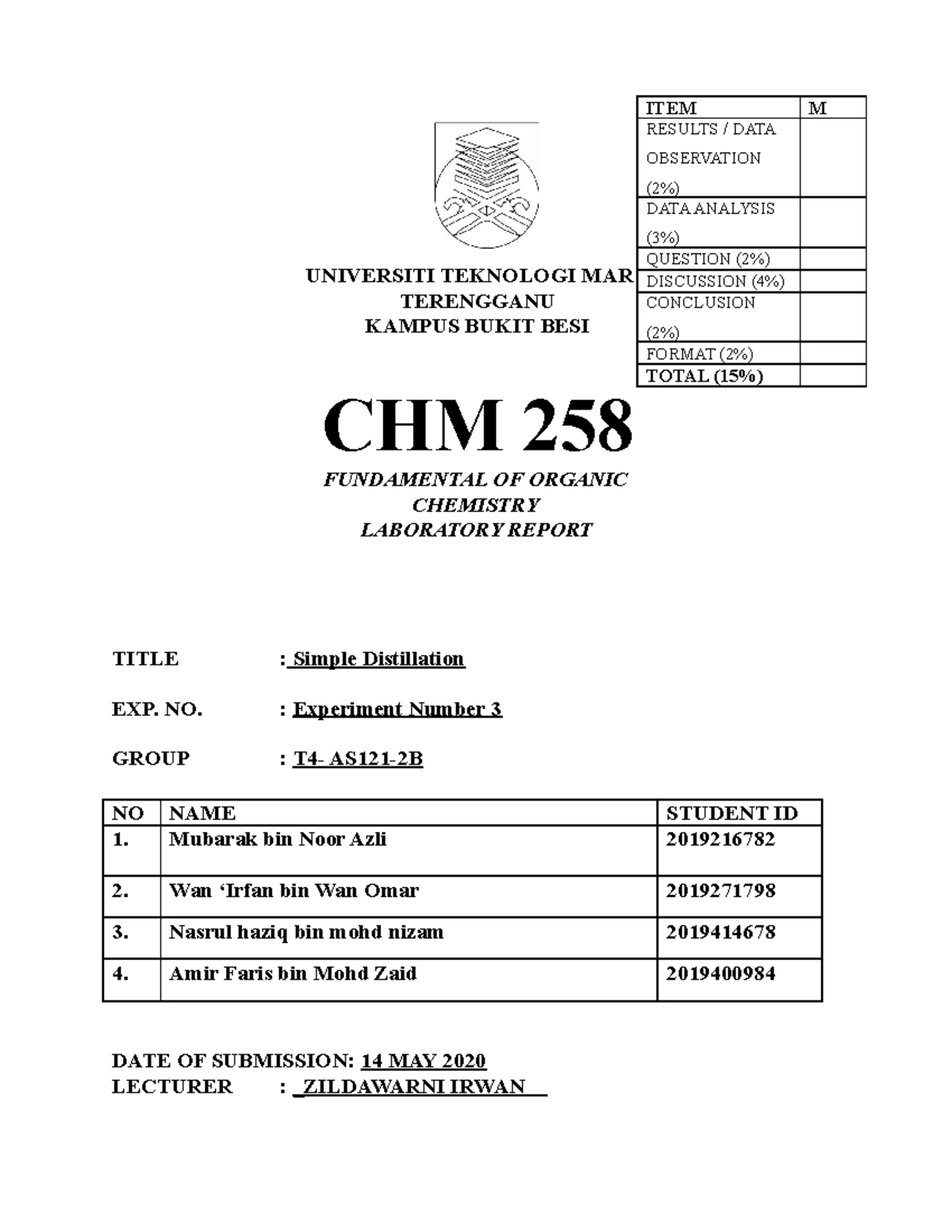 CHM258 Lab Report: Simple Distillation of Ethanol from Mouthwash - Studocu