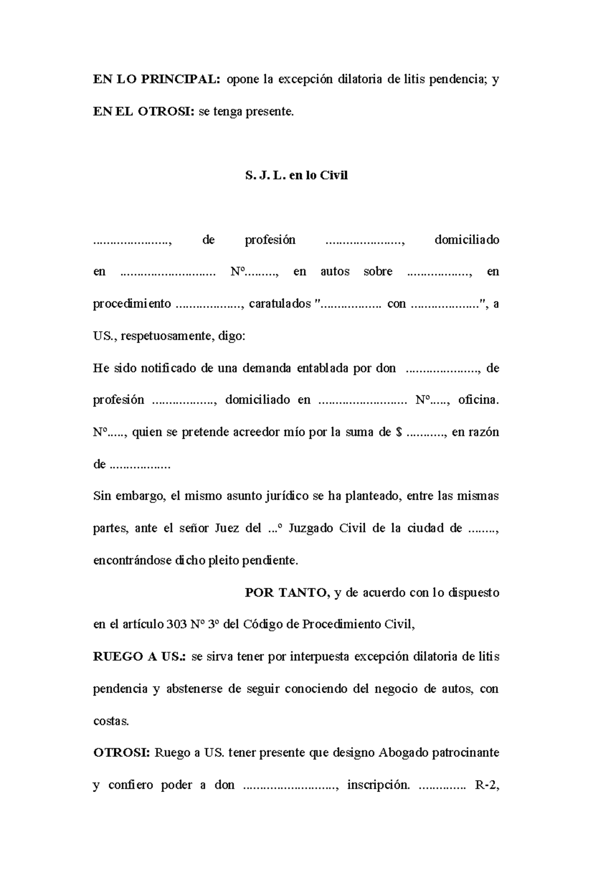 Excepción Dilatoria de Litispendencia - Escrito Legal - Studocu