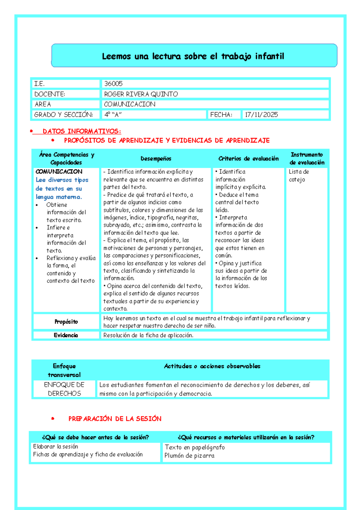 Lectura sobre el Trabajo Infantil - I.E. 36005 - Quinto Grado - Studocu