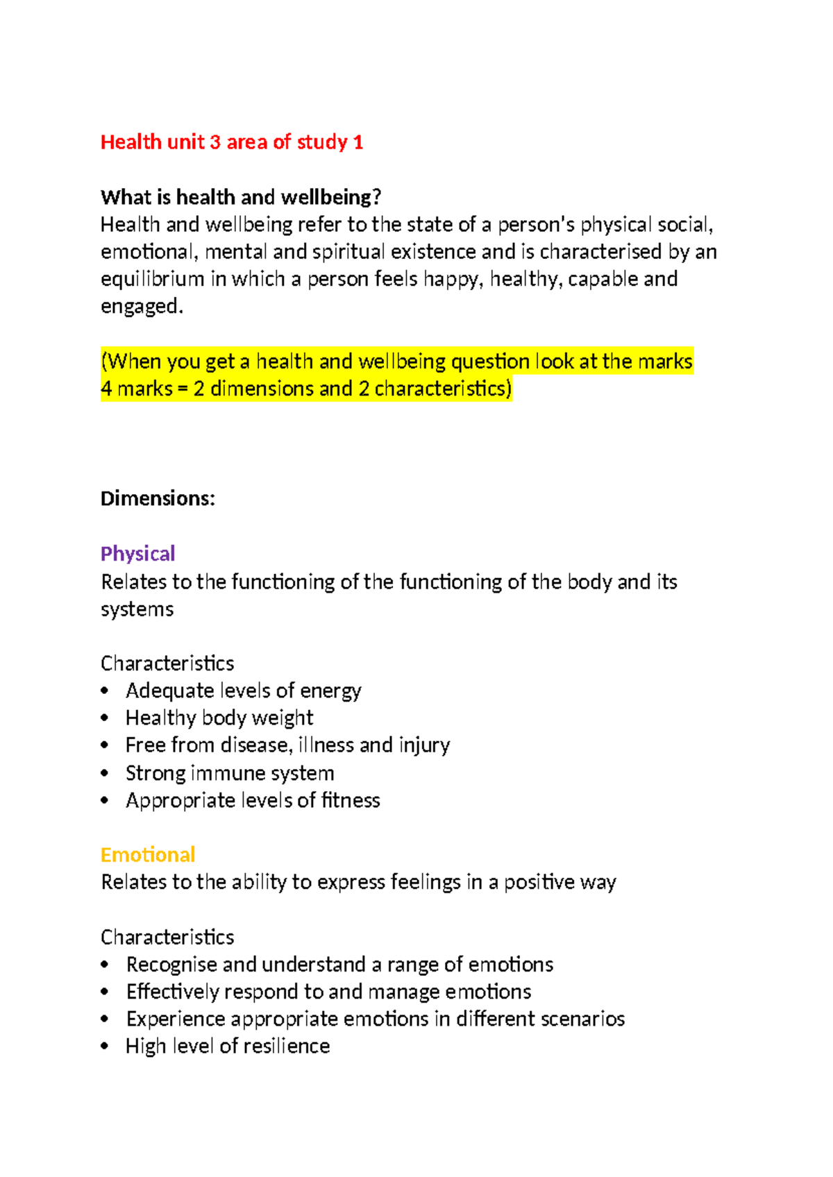 Health Notes: Unit 3 & 4 - Understanding Health and Wellbeing - Studocu
