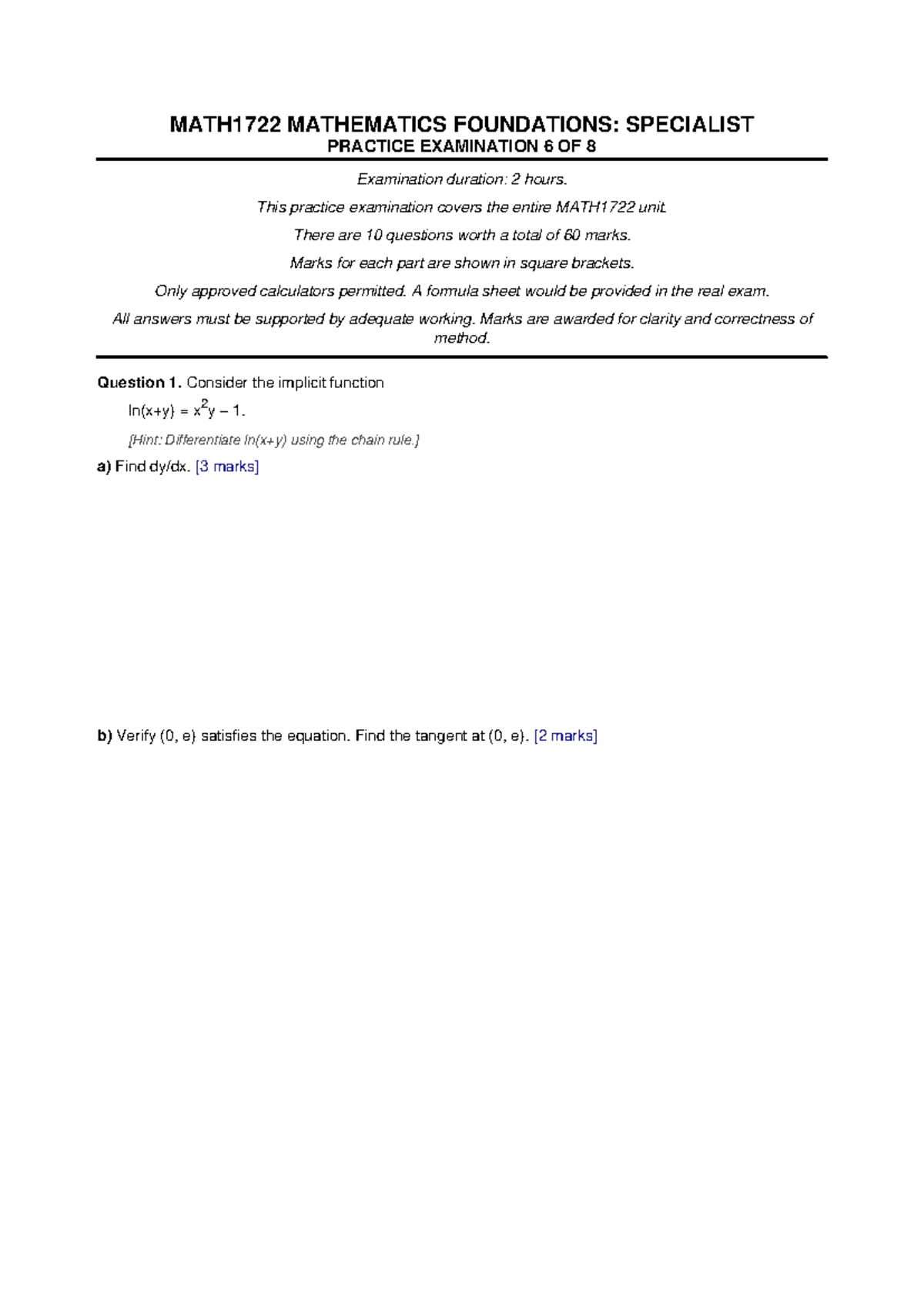 MATH1722 MATHEMATICS FOUNDATIONS: PRACTICE EXAM 6 - Studocu