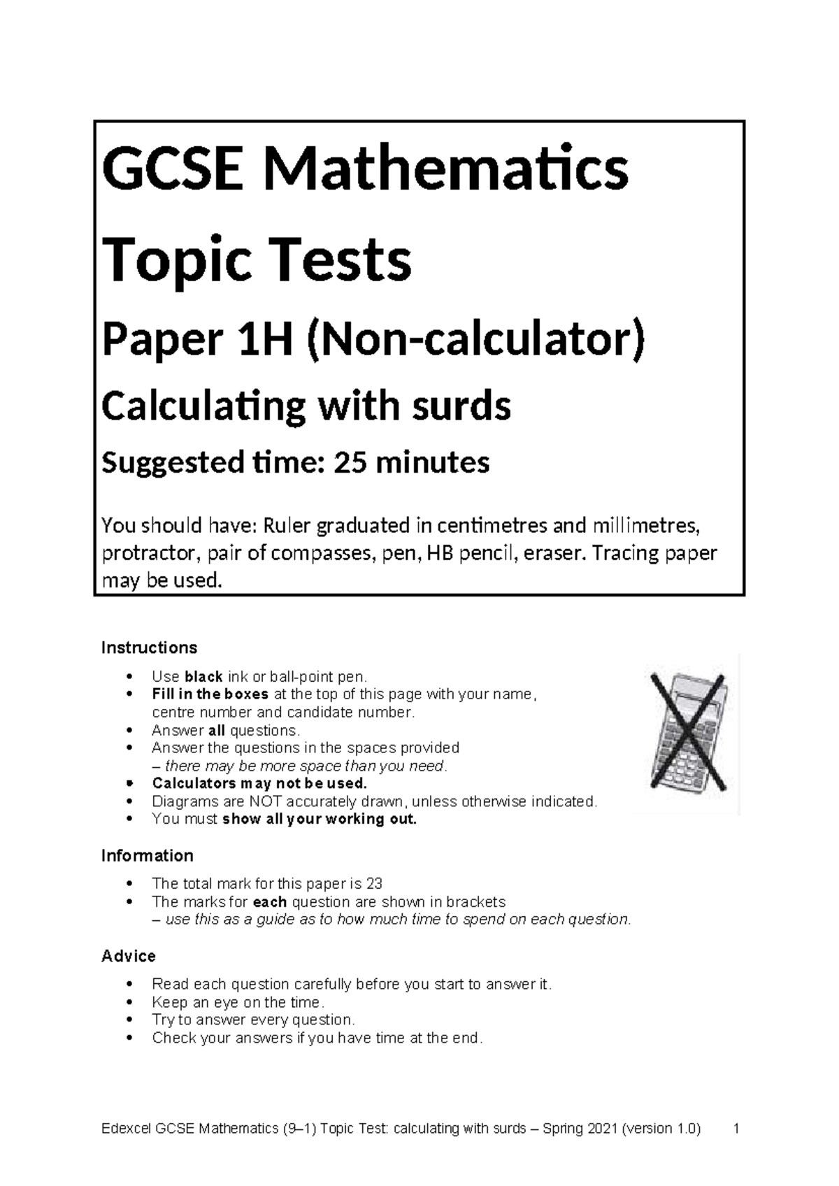 GCSE Mathematics Topic Test 1H: Calculating with Surds - Studocu