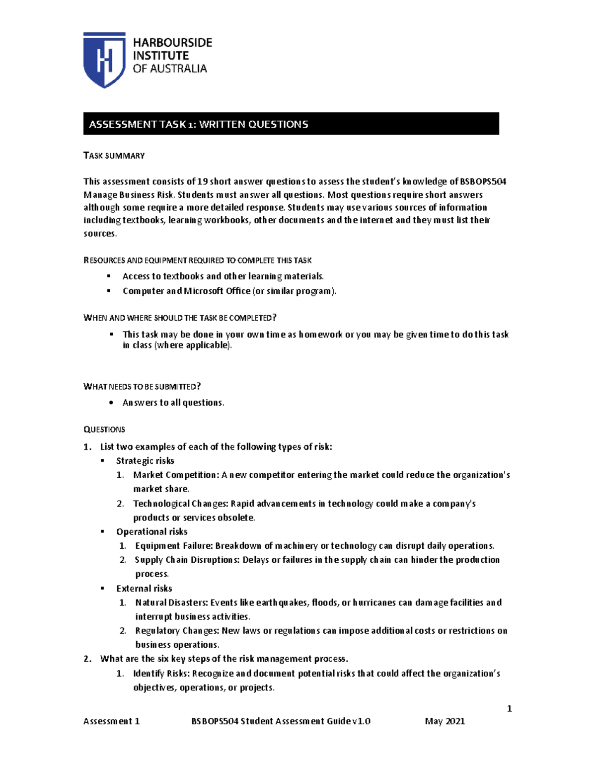 BSBOPS 504 Assessment Task 1: Written Questions Overview - Studocu