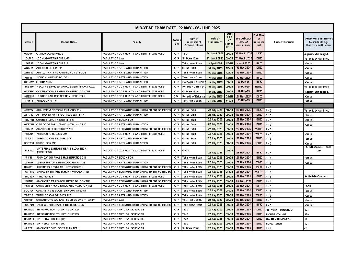 Mid Year 2025 Exam Timetable for Various Courses and Assessments - Studocu