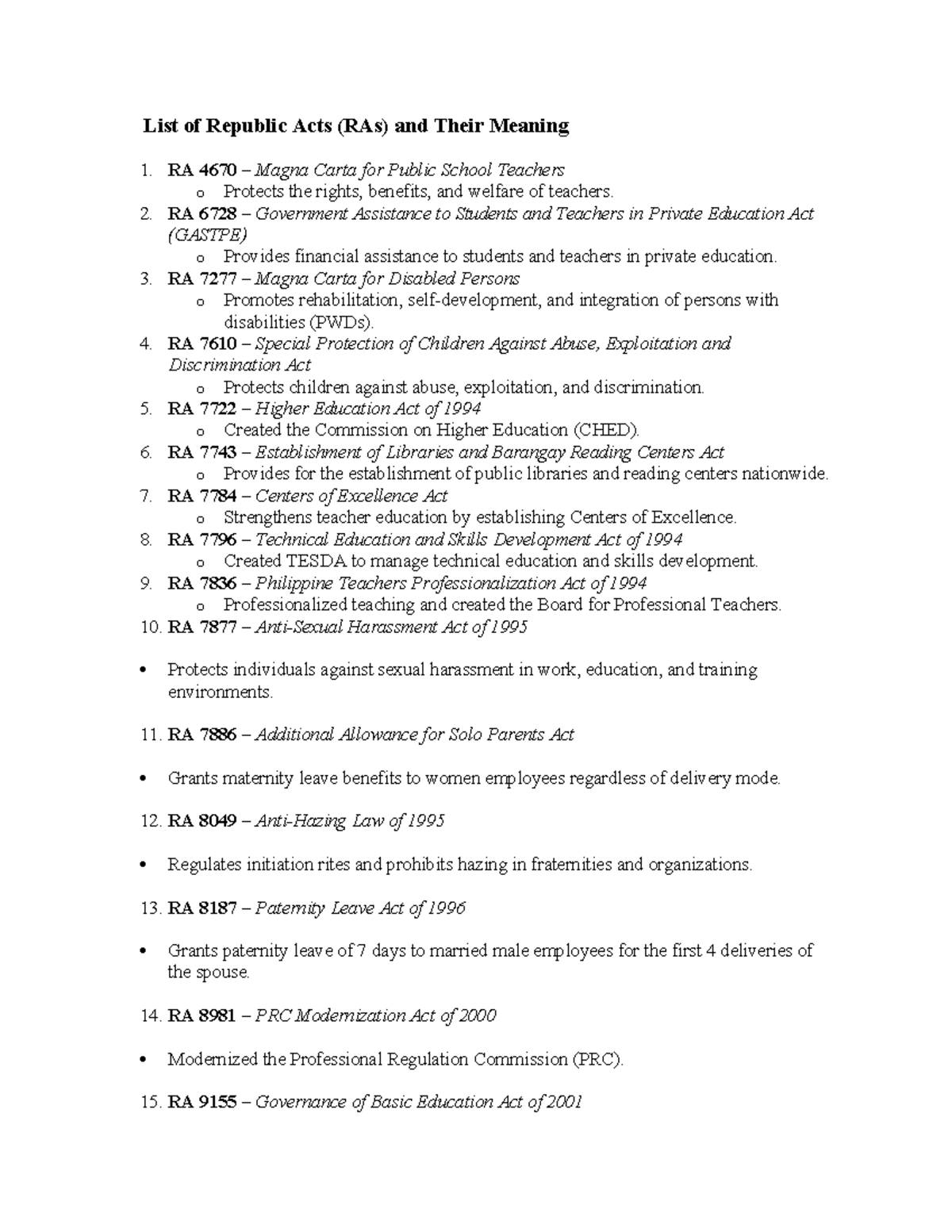 📘 List of Republic Acts (RAs) Related to Teaching Profession - Studocu