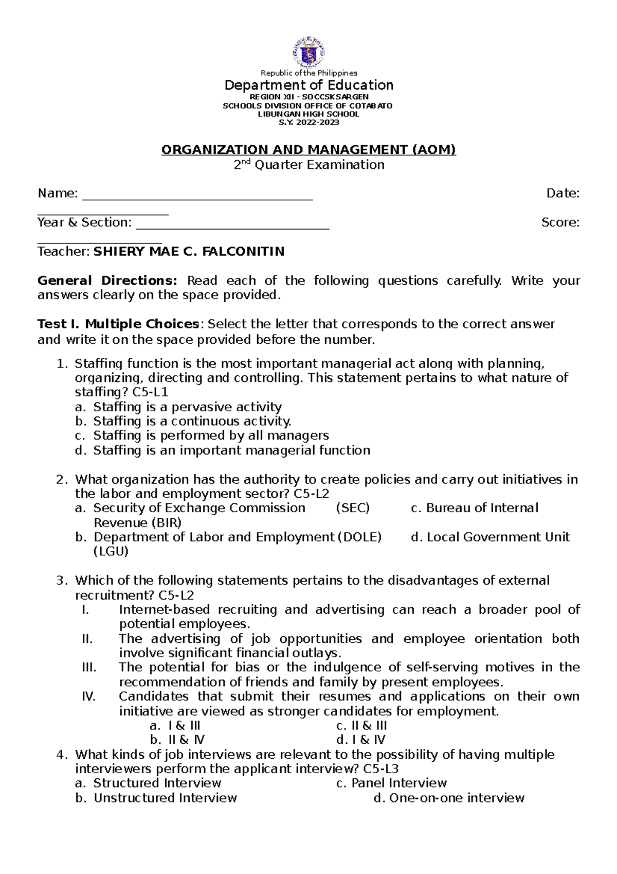 AOM 2nd Quarter Exam Review - AOM (Final) Exam Preparation - Studocu