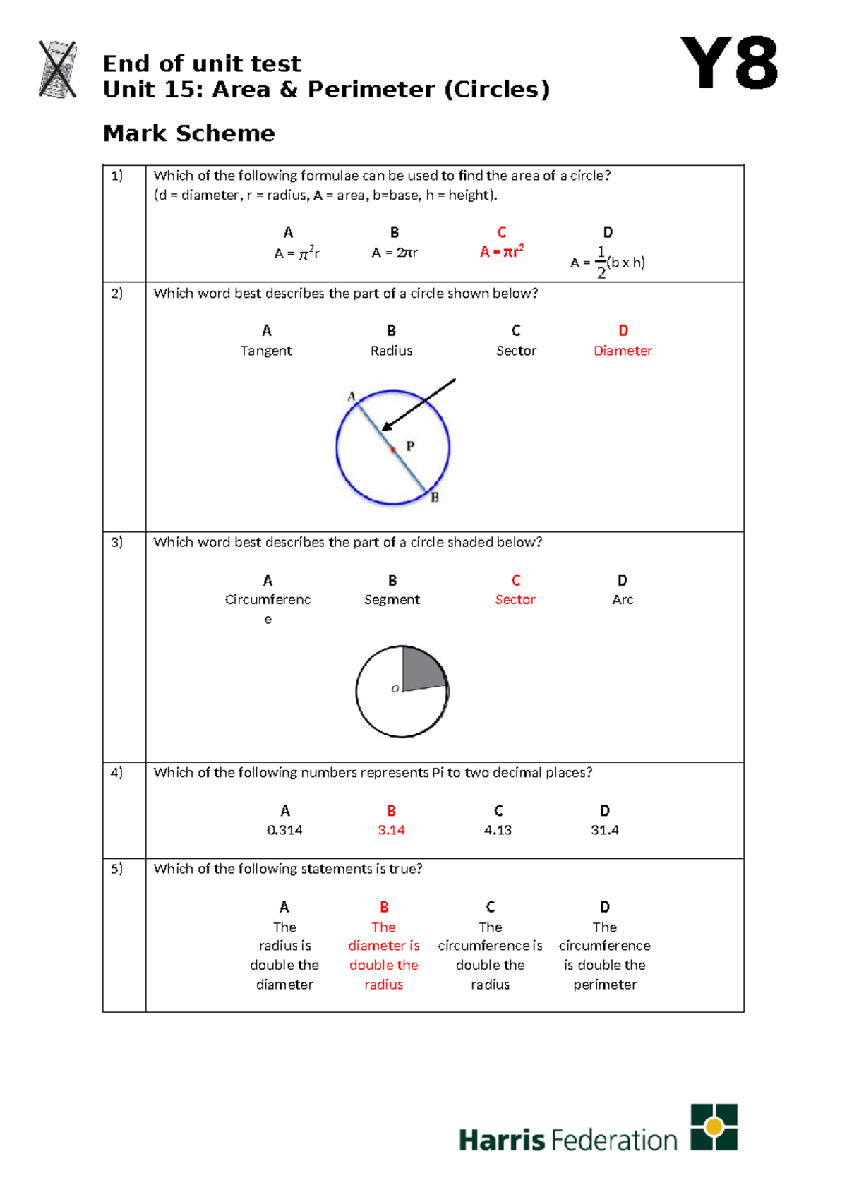 Year 8 Unit 15 Area & Perimeter of Circles Test MS - Studocu