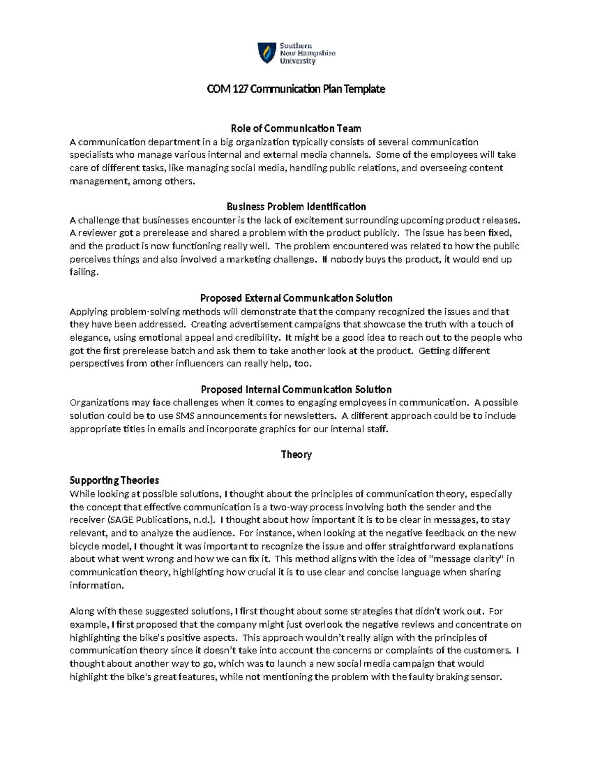 COM 127 Communication plan template for effective internal and external ...
