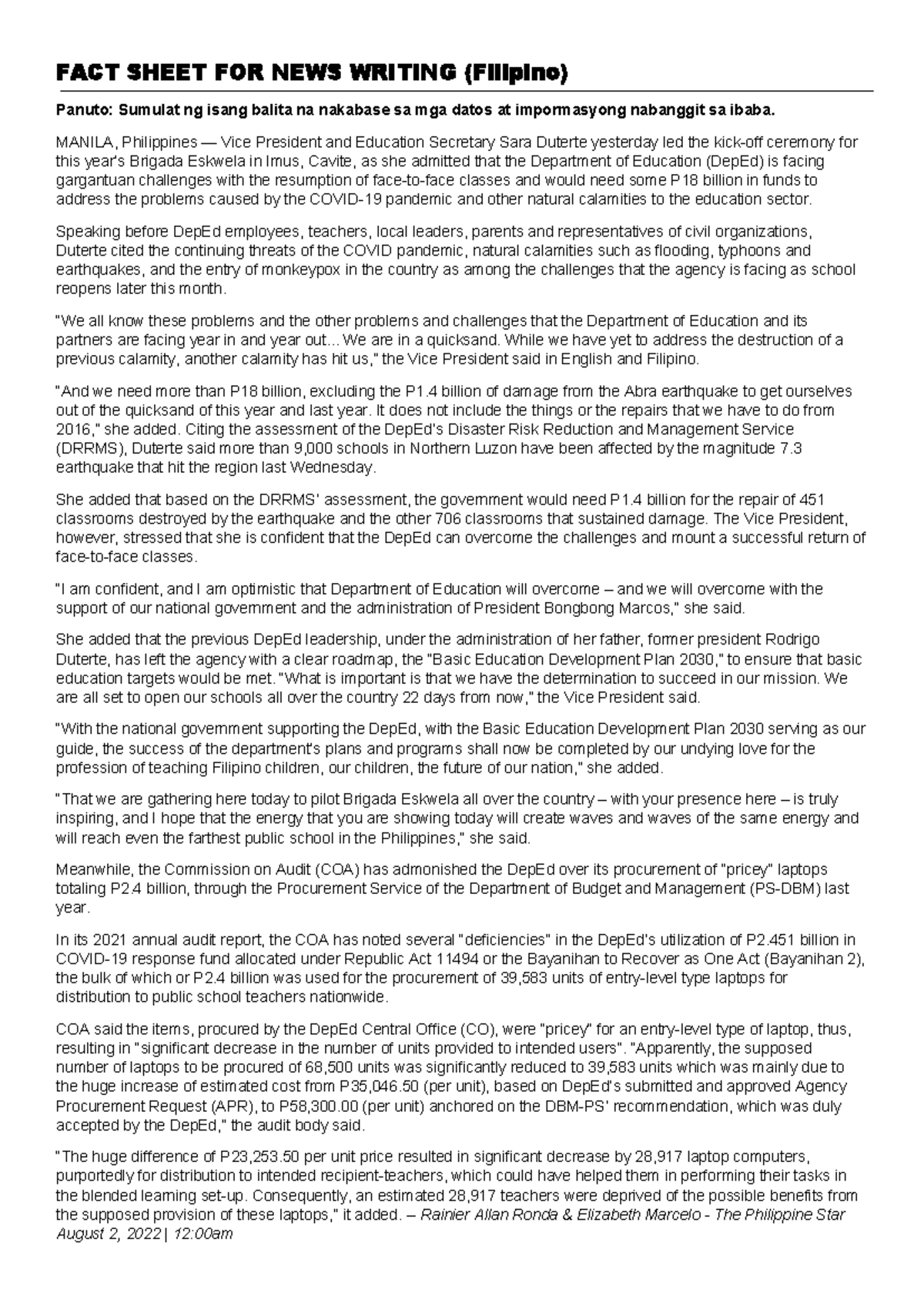 586300897 Fact Sheet on News Writing: DepEd Challenges & Solutions ...
