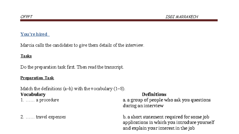 OFPPT ISGI MARRAKECH Interview Process Overview and Preparation Tasks ...