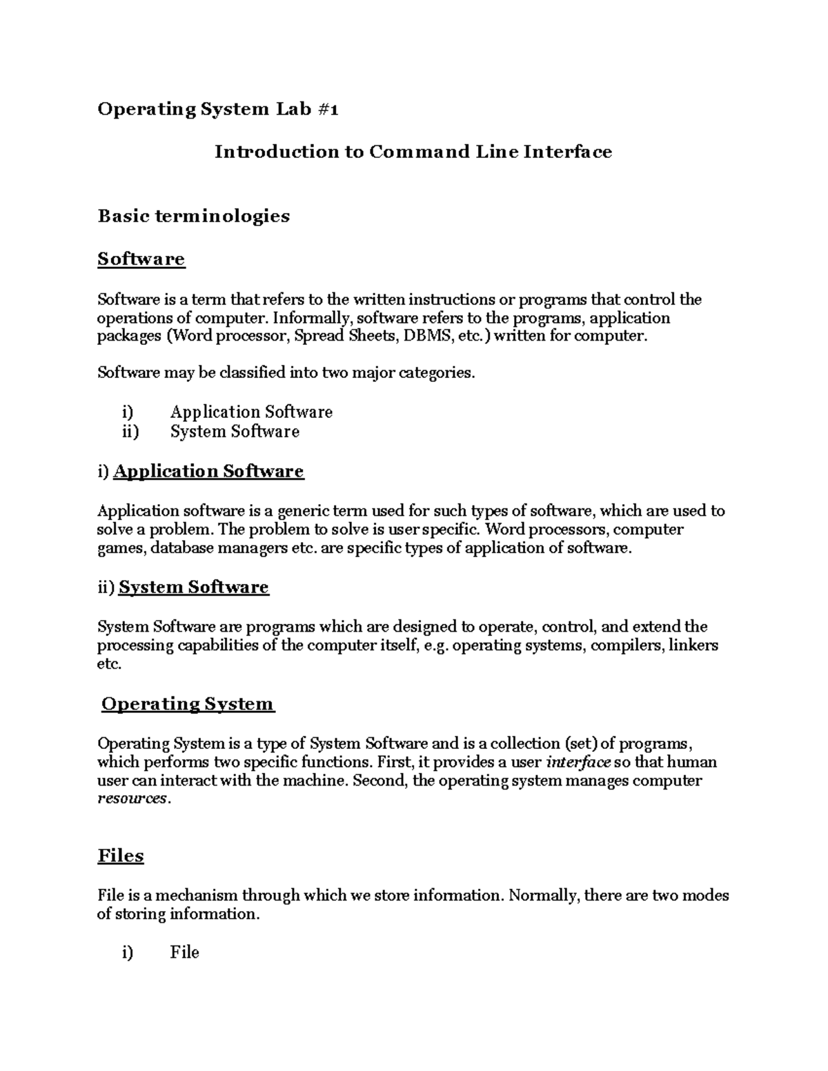 Lab 1 - Operating System Lab Introduction to Command Line Interface Basic terminologies Software ...