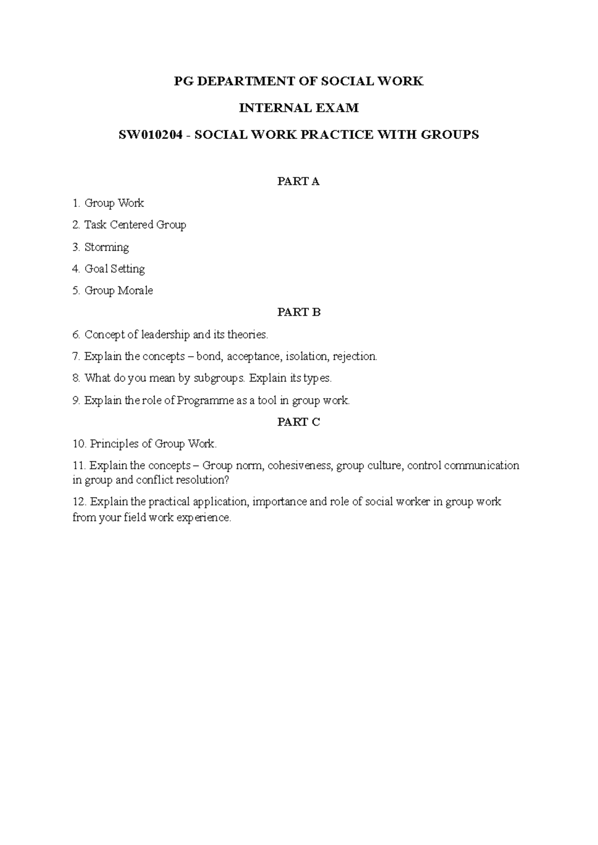 SW010204 Internal Exam: Group Work Practice & Leadership Concepts - Studocu