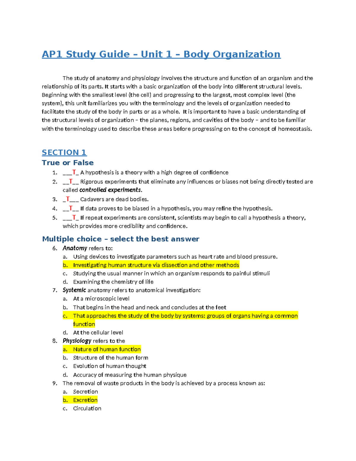 AP1 Study Guide Unit 1 - Notes - AP1 Study Guide – Unit 1 – Body ...