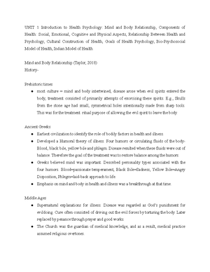 Health and Wellness Notes - Health and Wellness Unit-1 Table of ...