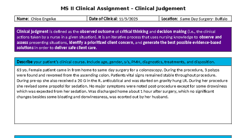 MS II Clinical Assignment: Clinical Judgement & Patient Care Plan - Studocu