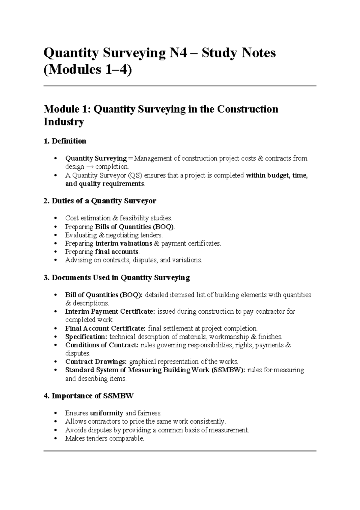 Quantity Surveying N4 Study Notes: Modules 1-4 Overview - Studocu