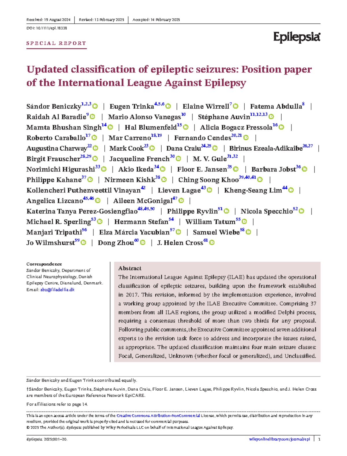 Updated Classification of Epileptic Seizures: ILAE Position Paper (2025 ...