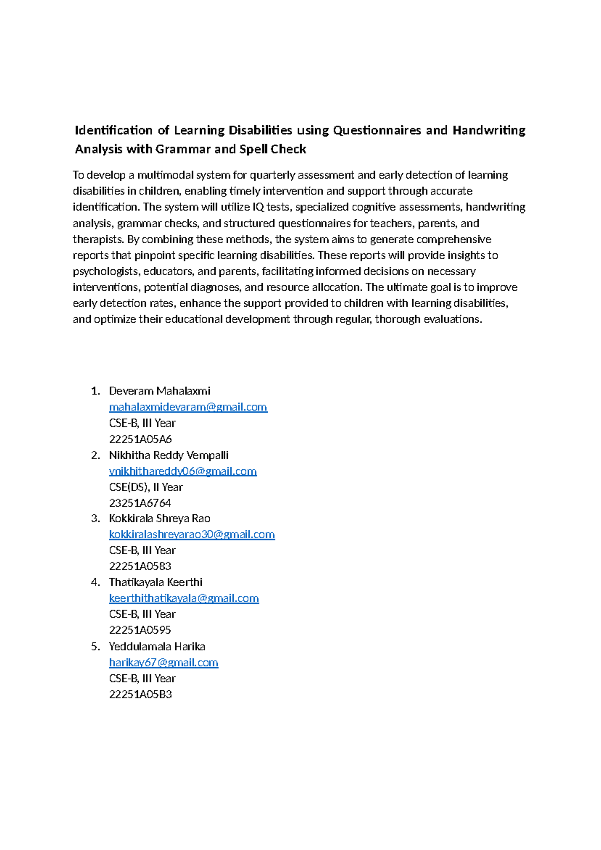 Identification of Learning Disabilities using Questionnaires and ...