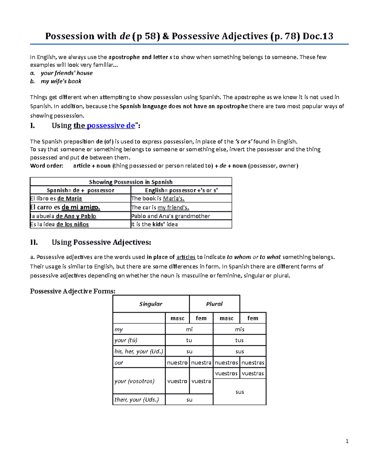 Spanish Possession: de & Possessive Adjectives (p 58-78) Guide - Studocu