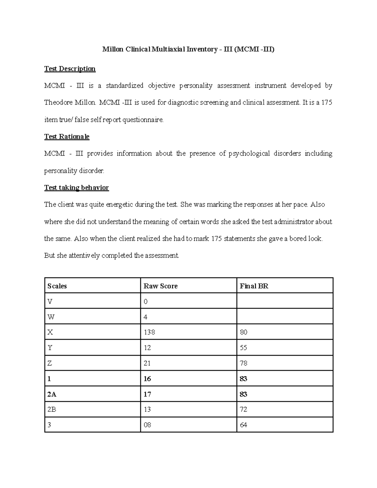MCMI-III Sample Report: Diagnostic Analysis and Interpretation - Studocu