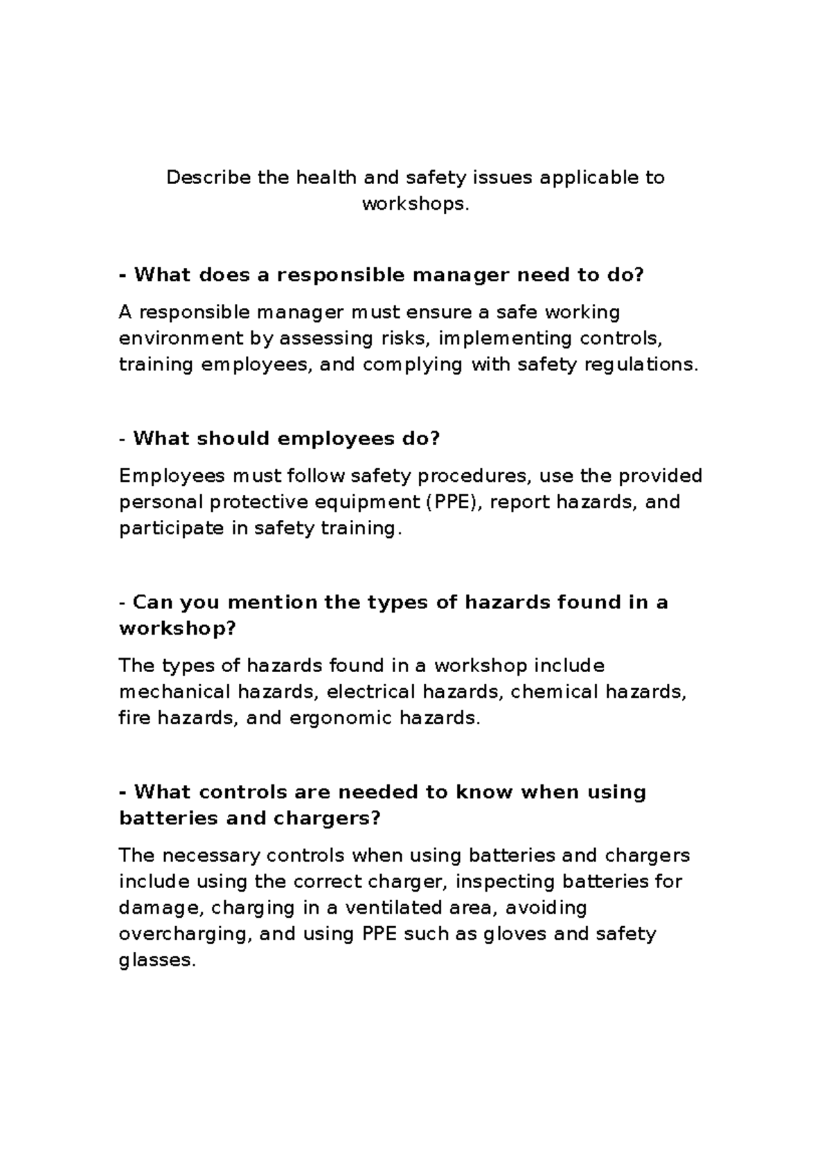 Health & Safety Issues in Workshops: Manager & Employee Roles - Studocu
