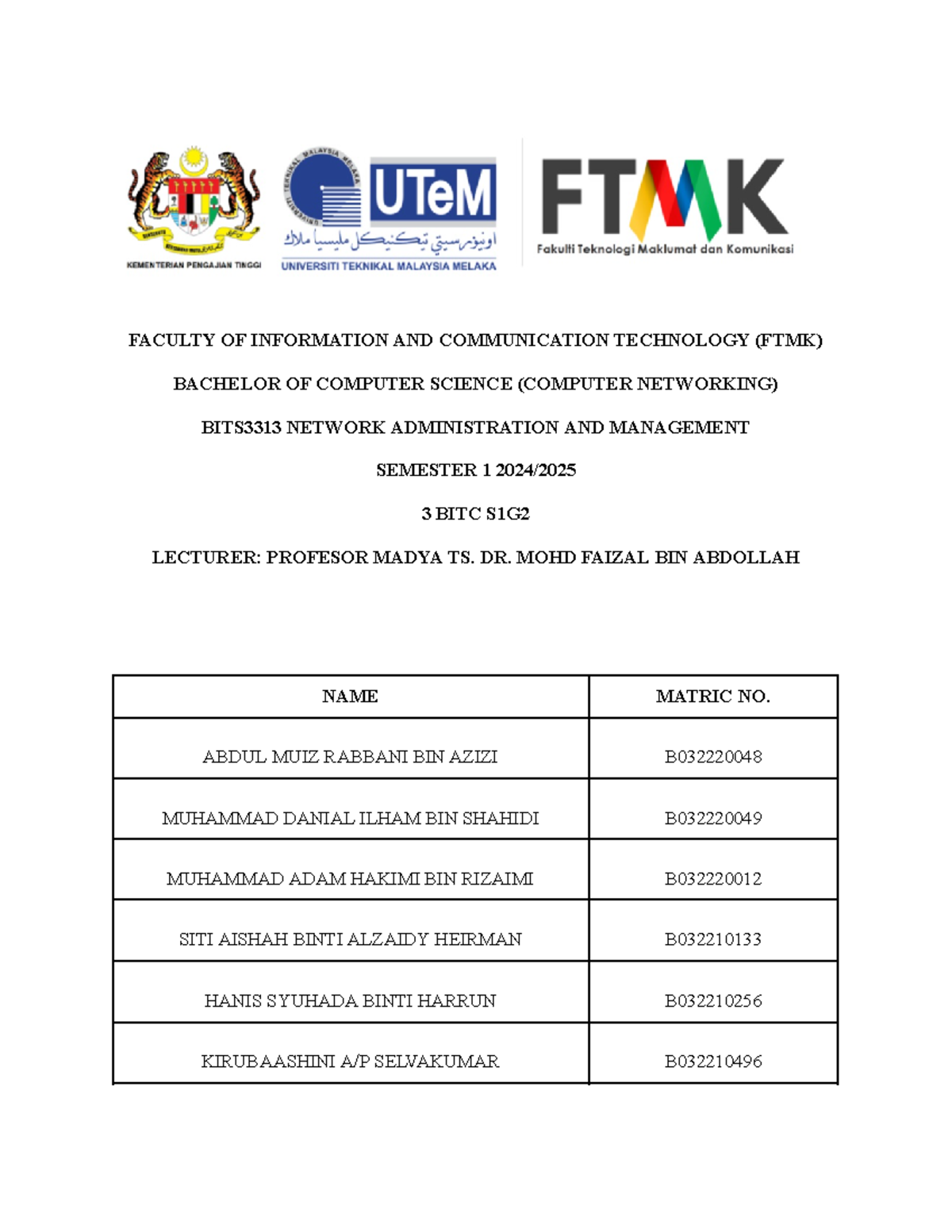 LAB 1 Network Admin Report - FACULTY OF INFORMATION AND COMMUNICATION ...