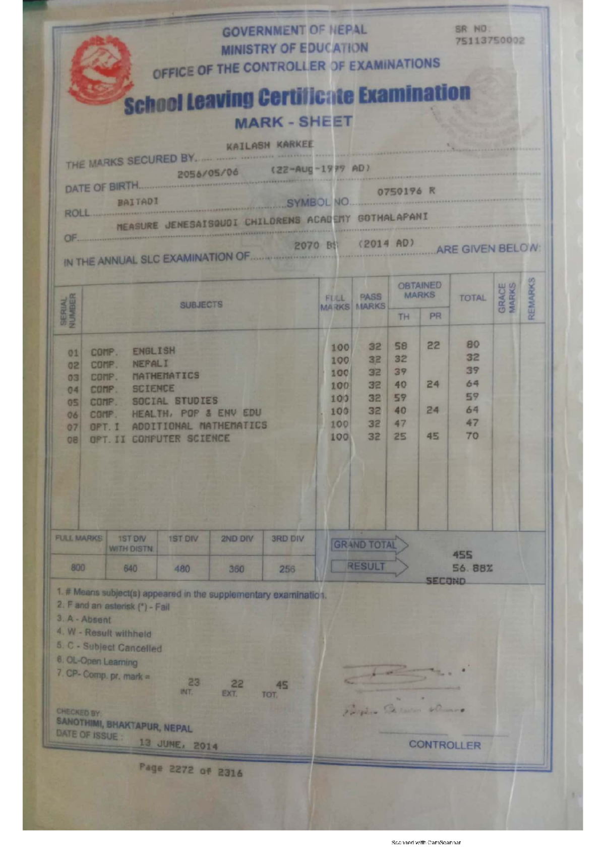 SLC Mark Sheet 12-15-2021 10 - GOVERNMENT OF NEPAL SR NO: MINISTRY OF ...