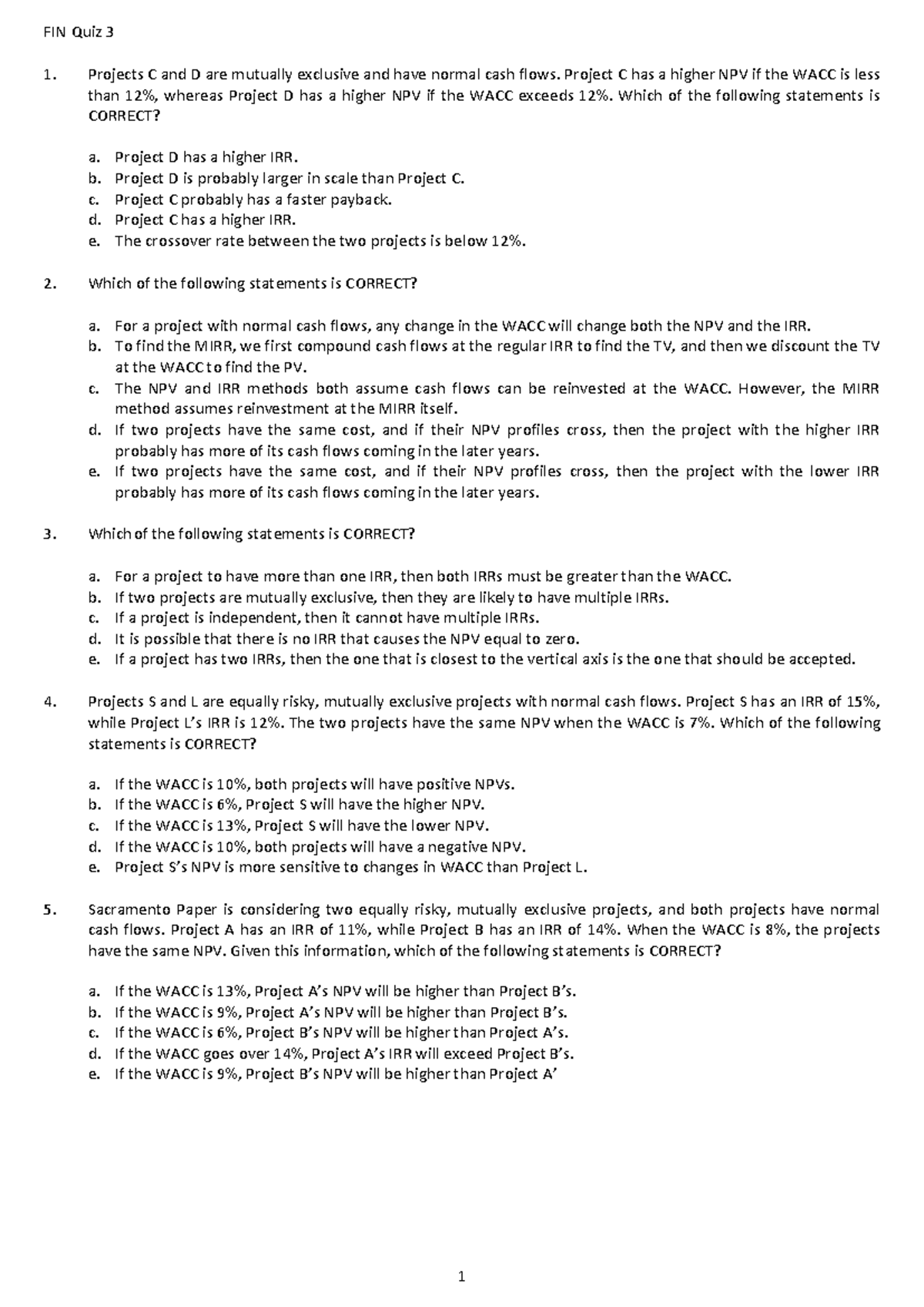 FIN Quiz 3: Key Concepts and Practice Questions on NPV, IRR, and AFN ...