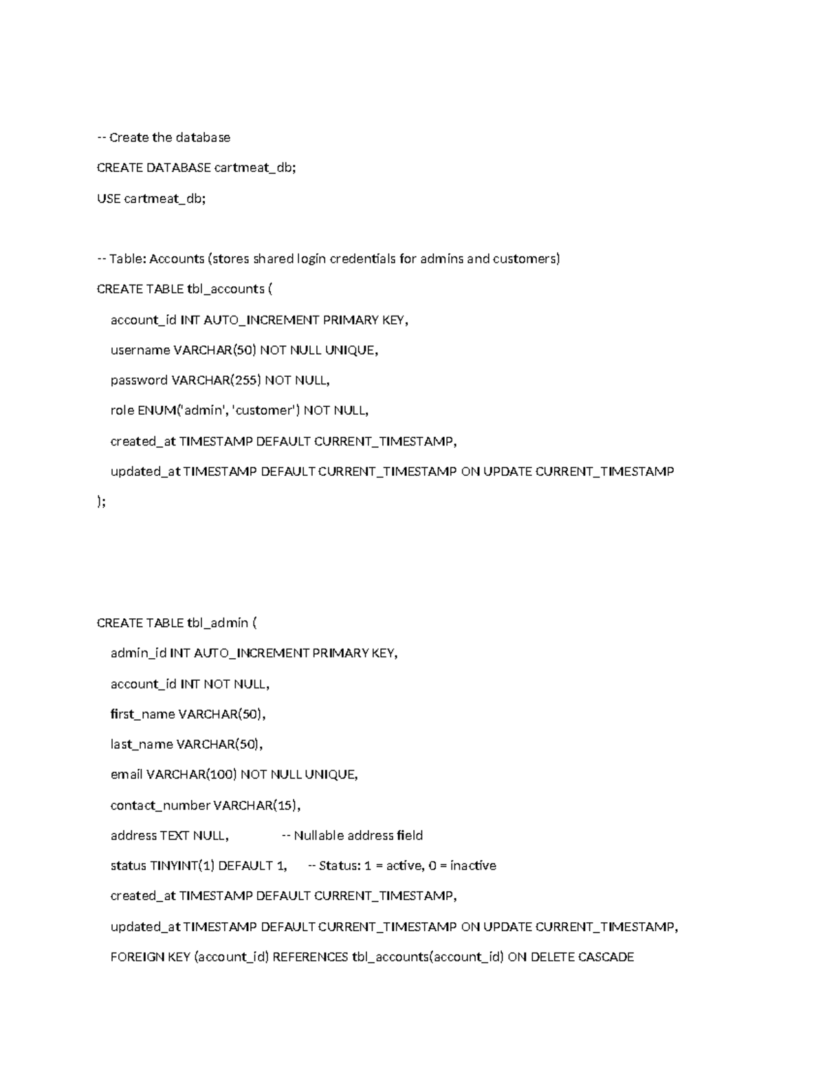 My database mysql - Create the database CREATE DATABASE cartmeat_db; USE cartmeat_db; - Table ...