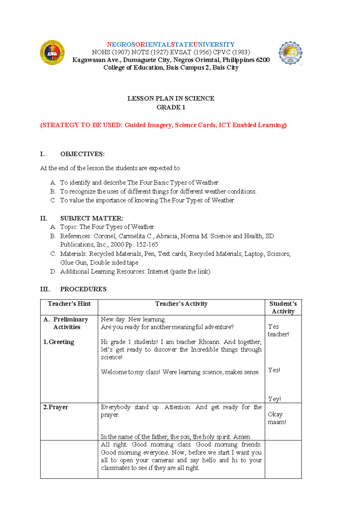 Detailed Lesson Plan in Science for Grade 1: The Four Types of Weather ...
