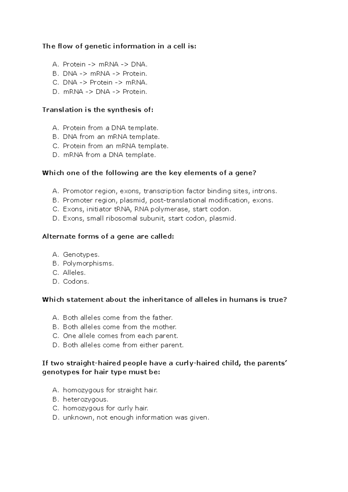 11133522 - Genetic Information Flow & Inheritance Practice Questions ...