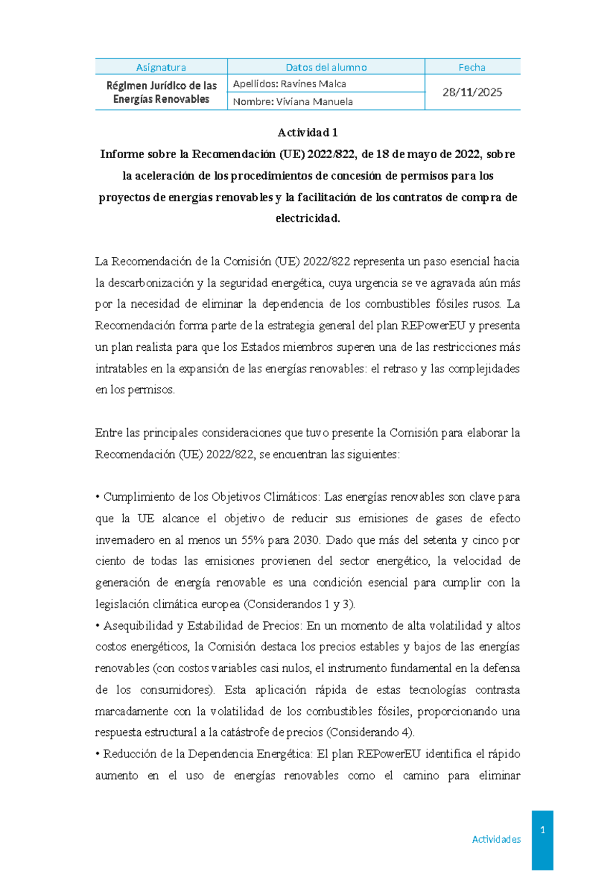 Actividad 1: Informe sobre la Recomendación (UE) en Energías Renovables - Studocu