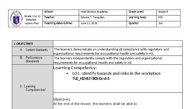 Q3 COT - Grade 8 FCS Lesson Plan on Workplace Hazards - Studocu