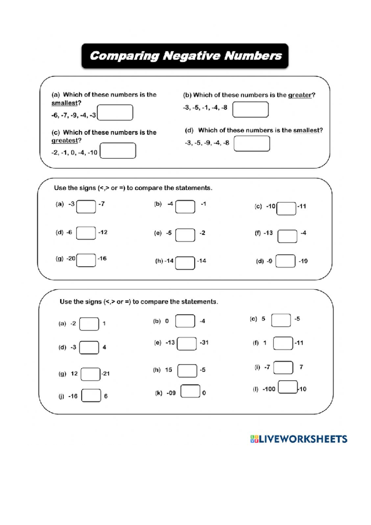 Comparing Negative Numbers Practice Worksheet for GLIVEWORKSHEETS - Studocu