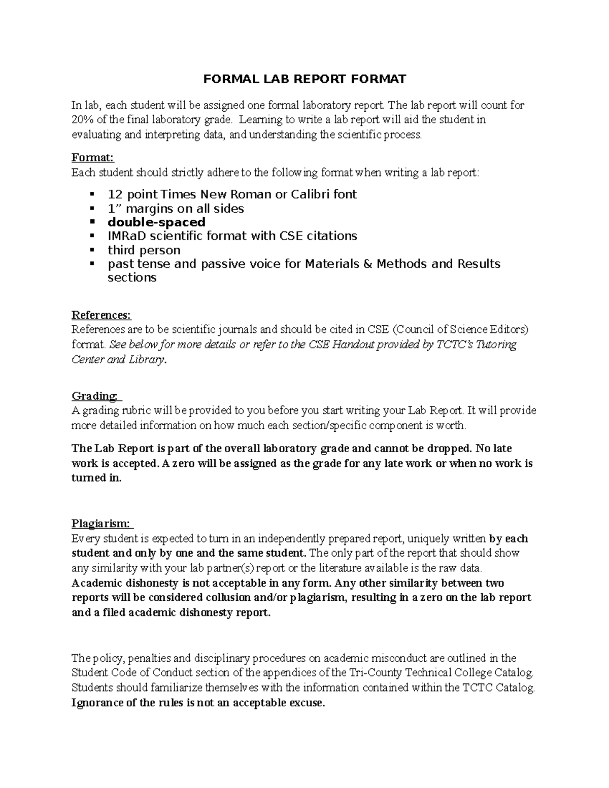 Lab Report Format - FORMAL LAB REPORT FORMAT In lab, each student will be assigned one formal ...