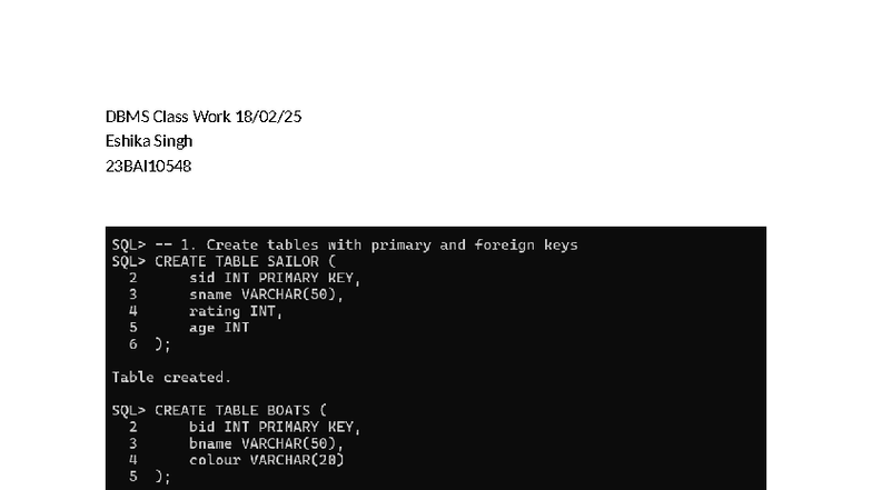 DBMS Assignment 2: Creating Tables with Keys and Data Insertion - Studocu