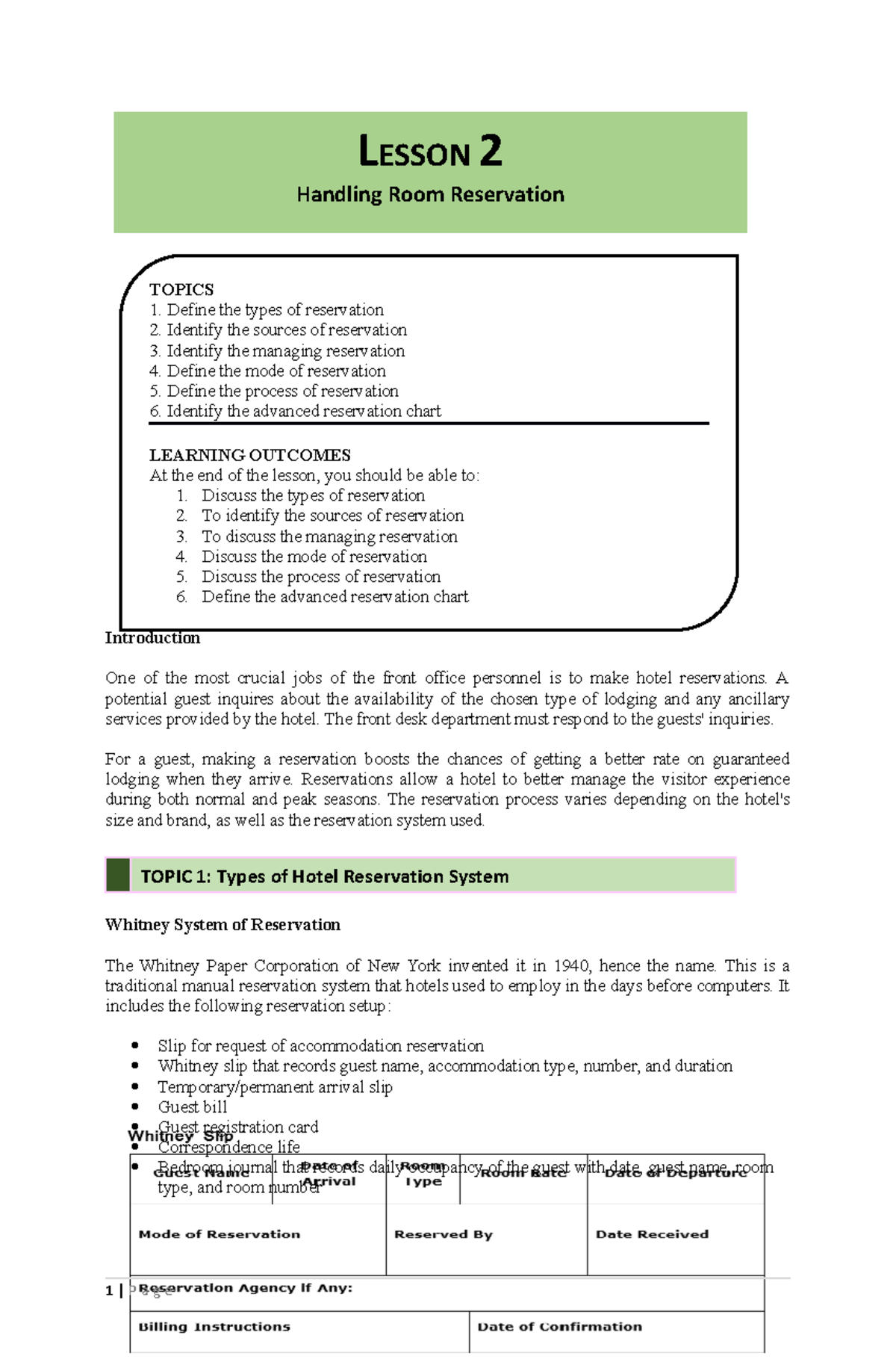 Lesson 2: Handling Hotel Reservations and Types (Course Code: XXXX ...