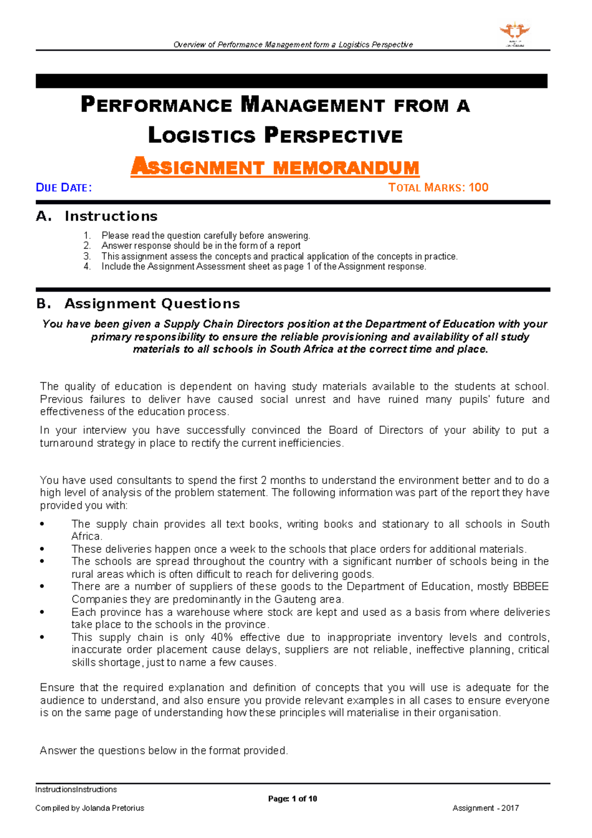 Bpllmb 1 assignment memo 2017 - PERFORMANCE MANAGEMENT FROM A LOGISTICS ...