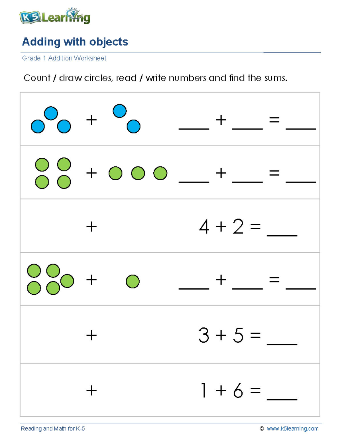 Grade 1 adding using pictures 1 - Reading and Math for K- 5 ...