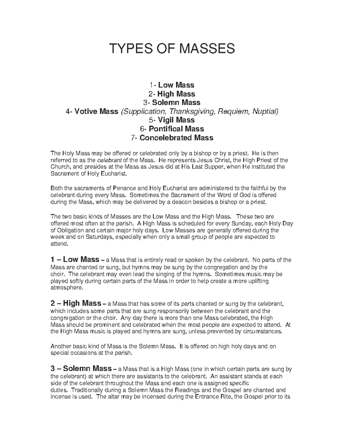 Types of Masses: Low, High, Solemn, Votive, Vigil, and More - Studocu