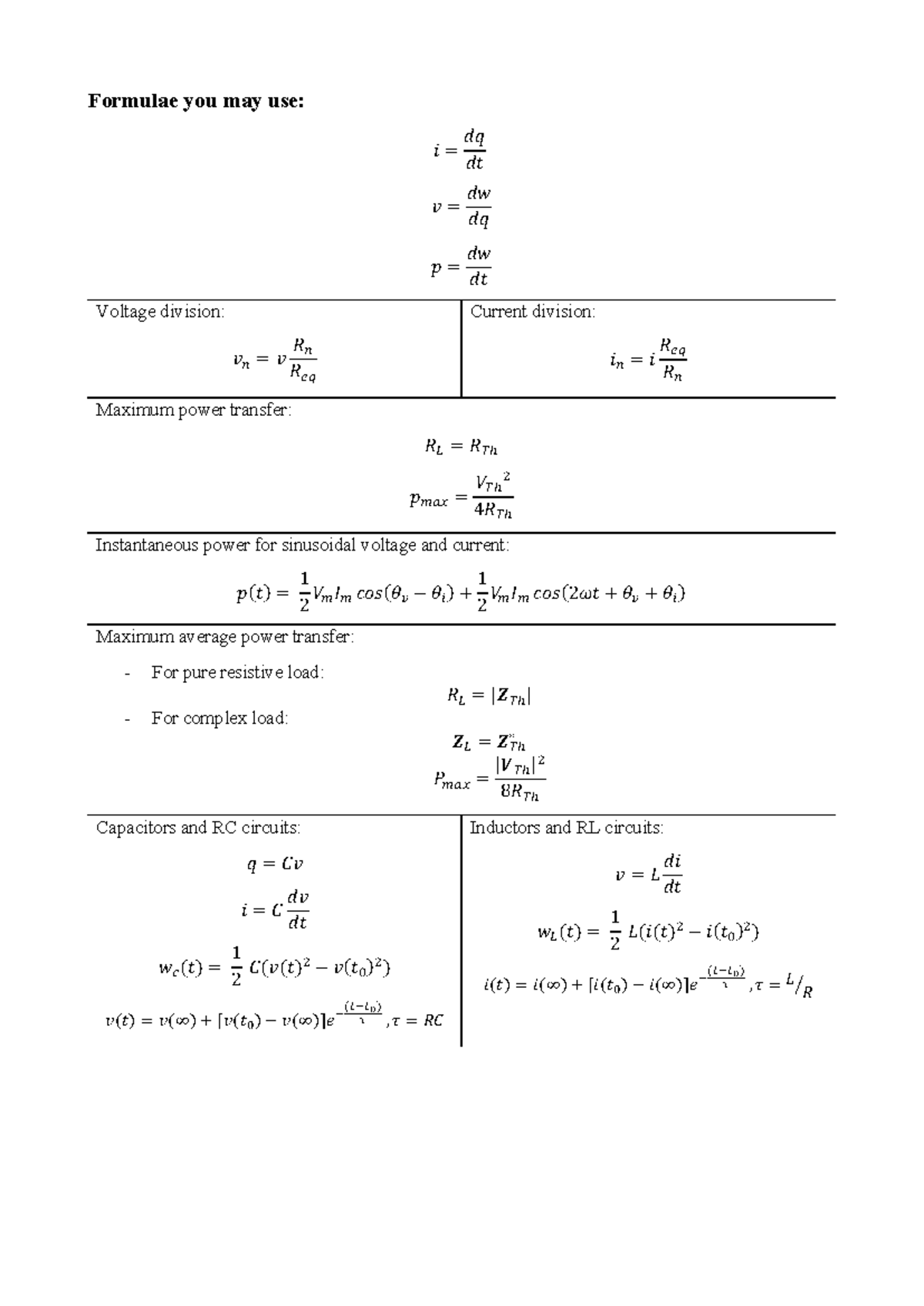 ELEC111 1 - Formula Sheet updated - Formulae you may use: 𝑖 = 𝑑𝑞 𝑑𝑡 𝑣 ...