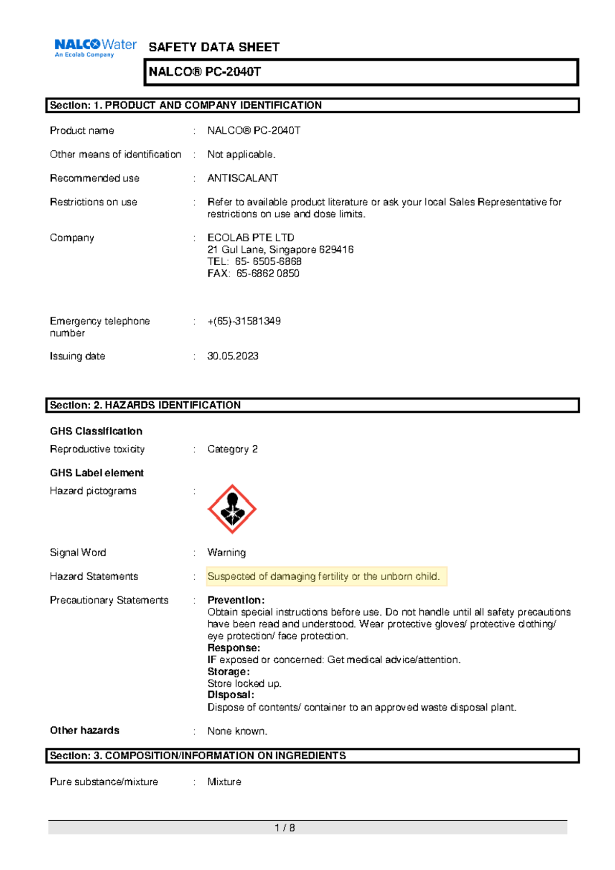 SDS - PC-2040T - Safety Data Sheet Overview and Guidelines - Studocu