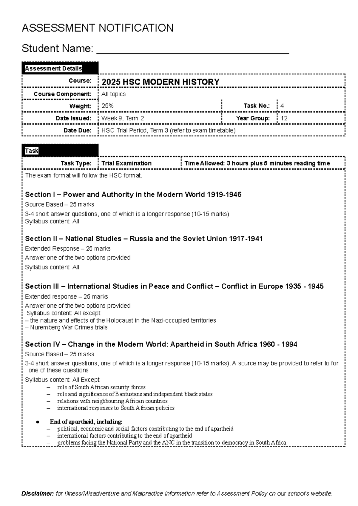 HSC Modern History Trial Exam Notification 2025 - Year 12 - Studocu