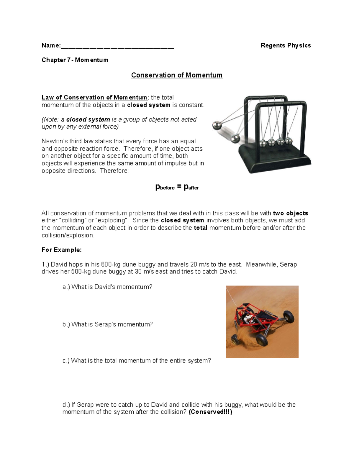 Regents Physics P7: Conservation of Momentum Notes & Problems - Studocu
