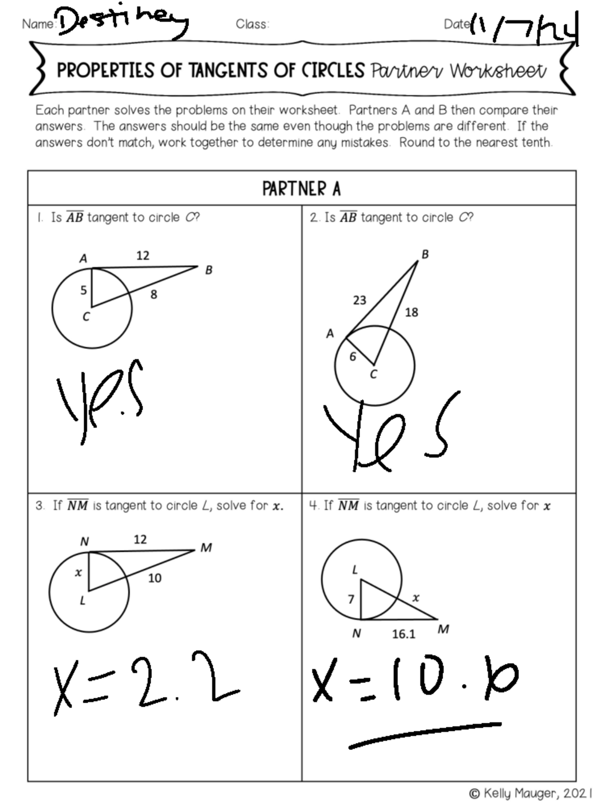 Properties of Tangents to a Circle Worksheet - Geometry Class - Studocu
