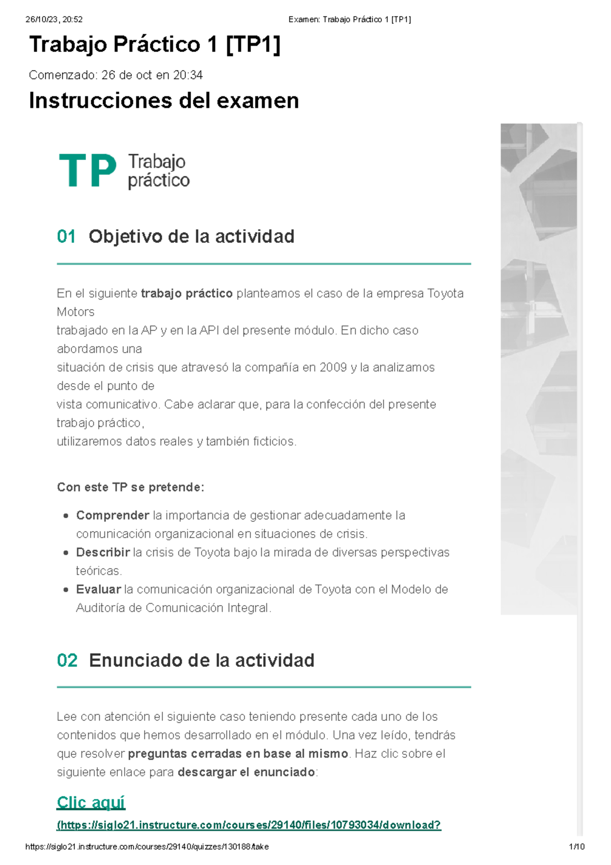 Examen Trabajo Práctico 1 [TP1] - Trabajo Práctico 1 [TP1] Comenzado: 26 de oct en 20 ...