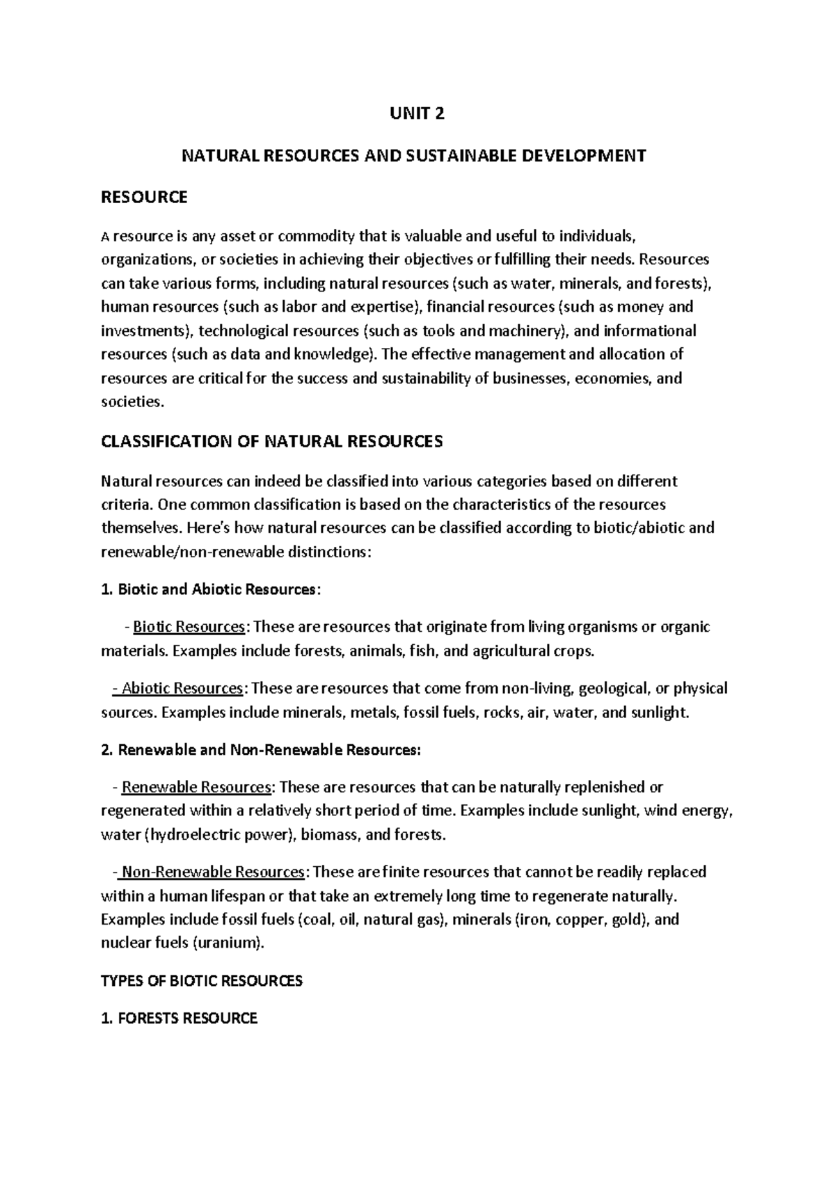 BCA Unit 2: Natural Resources & Sustainable Development Overview - Studocu