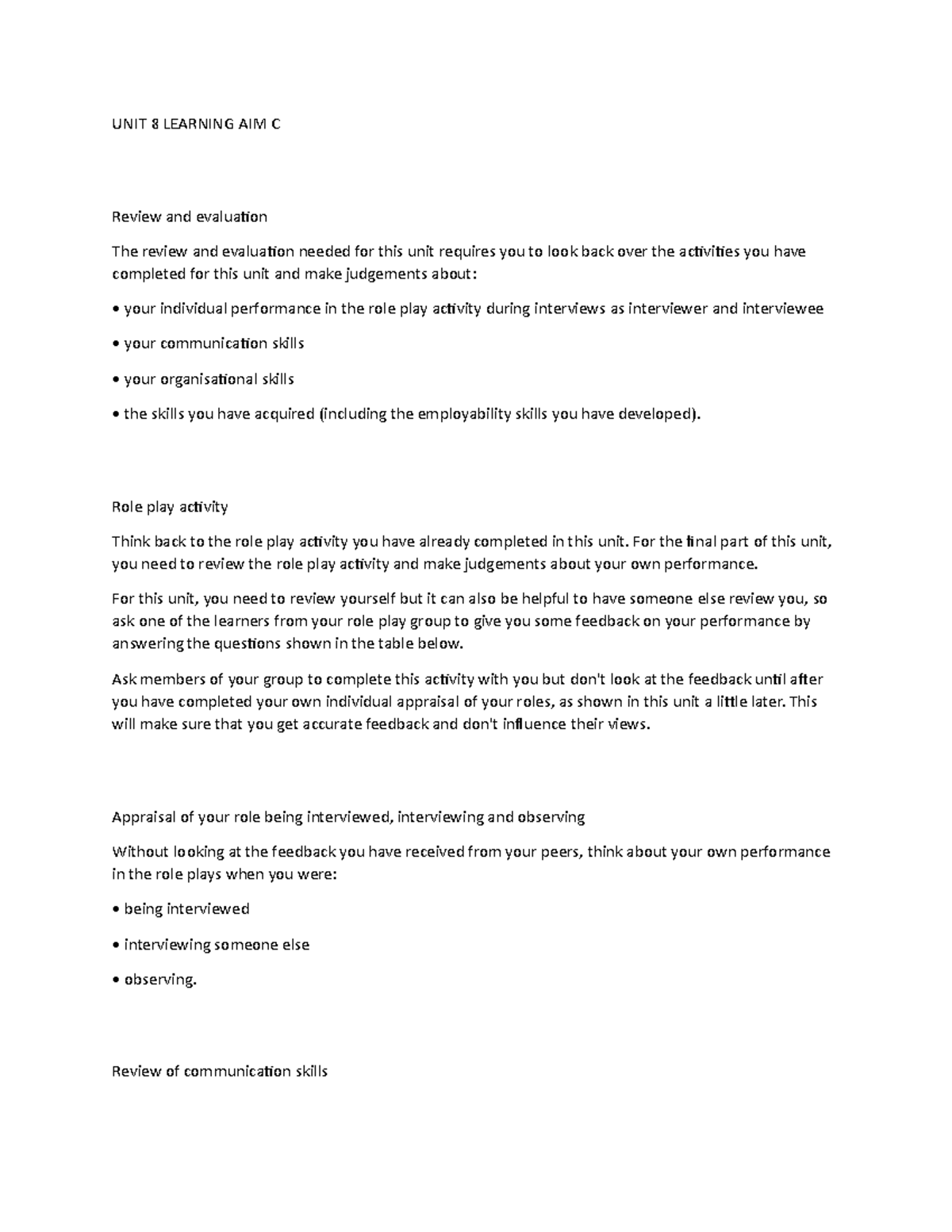 BTEC National Business Unit 8: Learning Aim C – Review & Evaluation ...